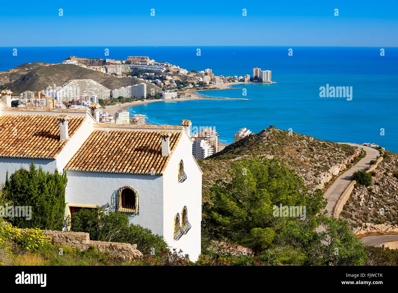 Cullera beach aerial with skyline of village in Mediterranean Valencia ...