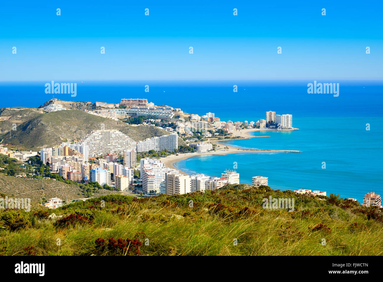 Cullera beach aerial with skyline of village in Mediterranean Valencia ...