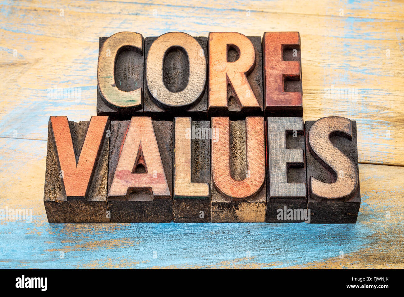 core values banner - text in vintage letterpress wood type blocks ...