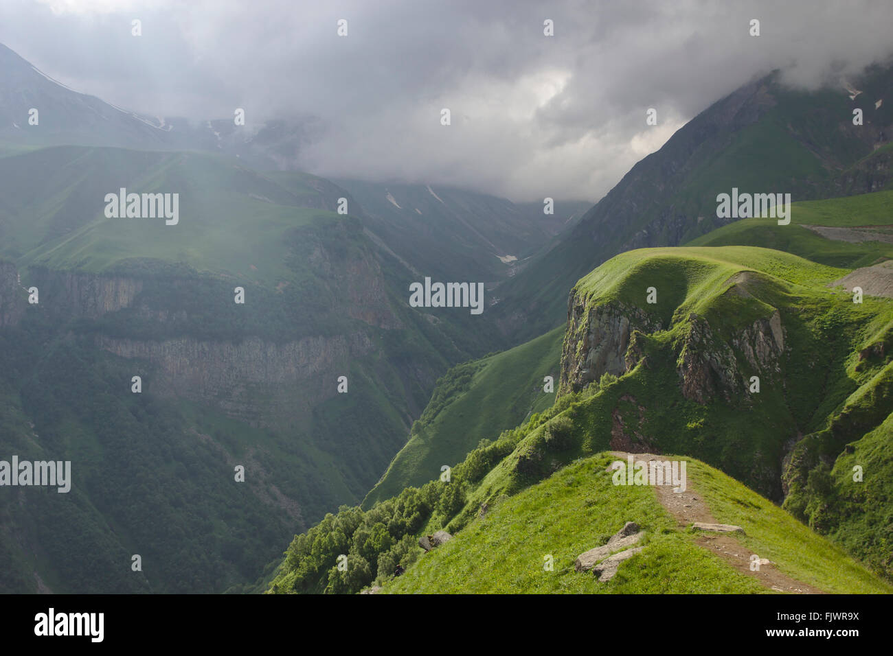 View from Jvari Pass (Georgian Military Highway) in to the valley of ...