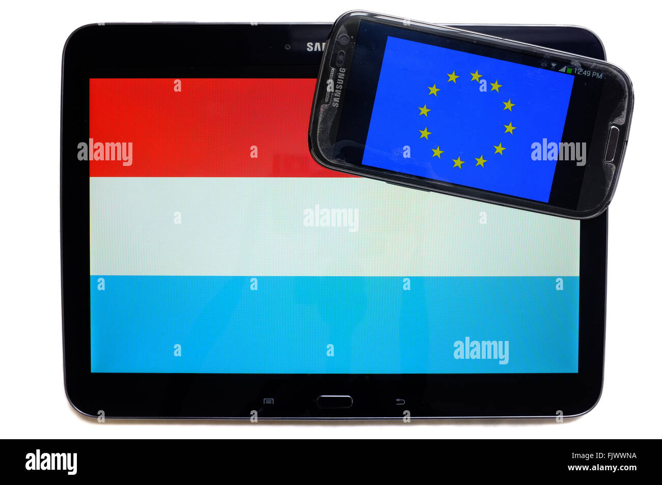 The flag of the Netherlands displayed on a tablet screen with the EU ...