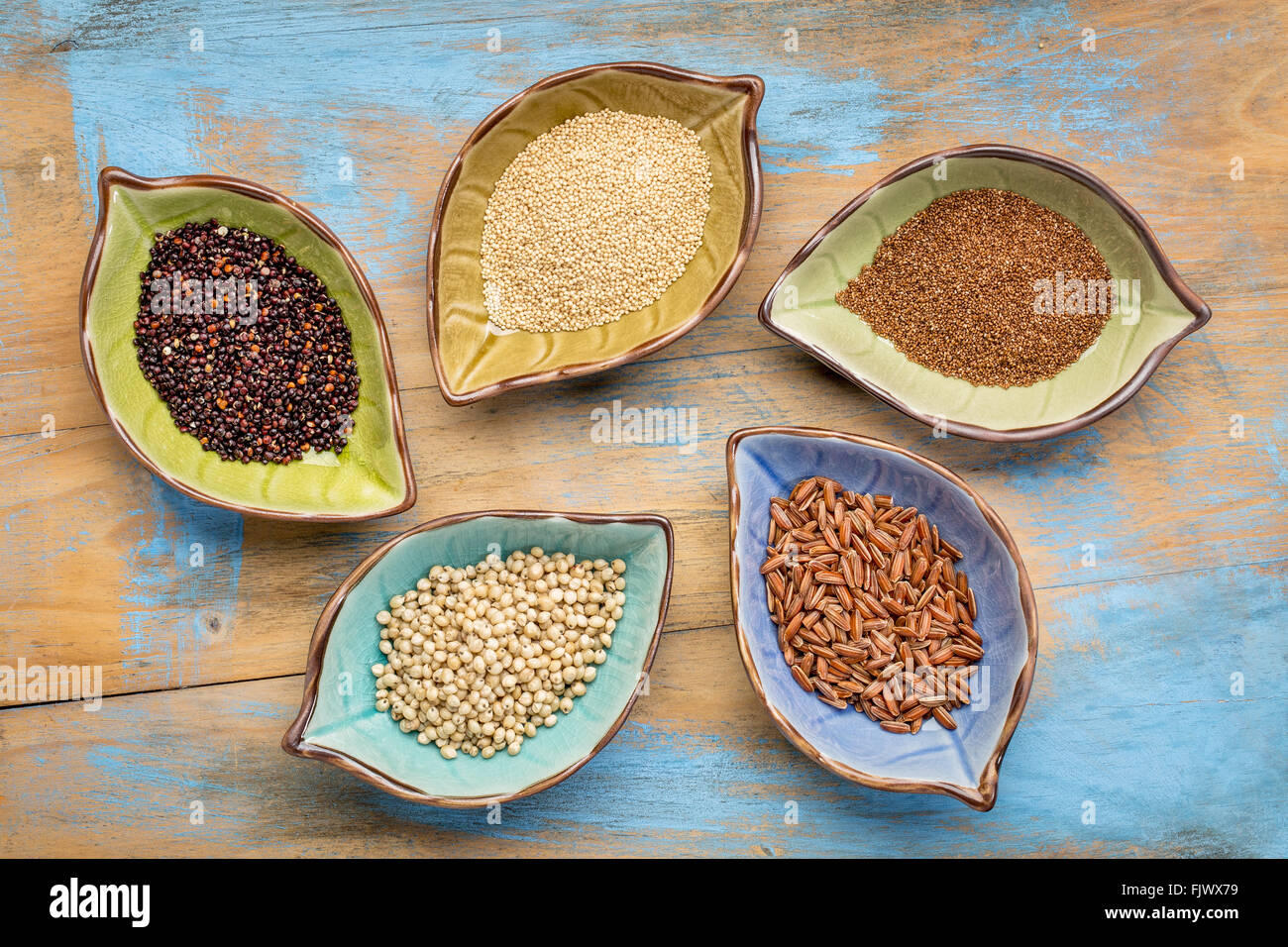 a set of five gluten free grains (sorghum, teff, amaranth,brown rice ...