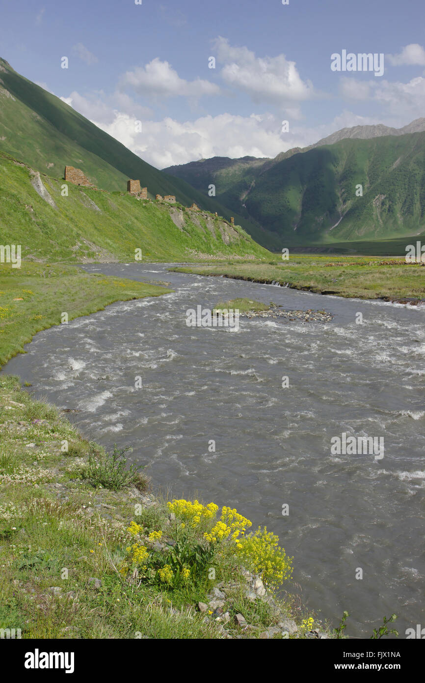 Ketrisi village and Terek river, Truso Valley, Kazbegi National Park ...