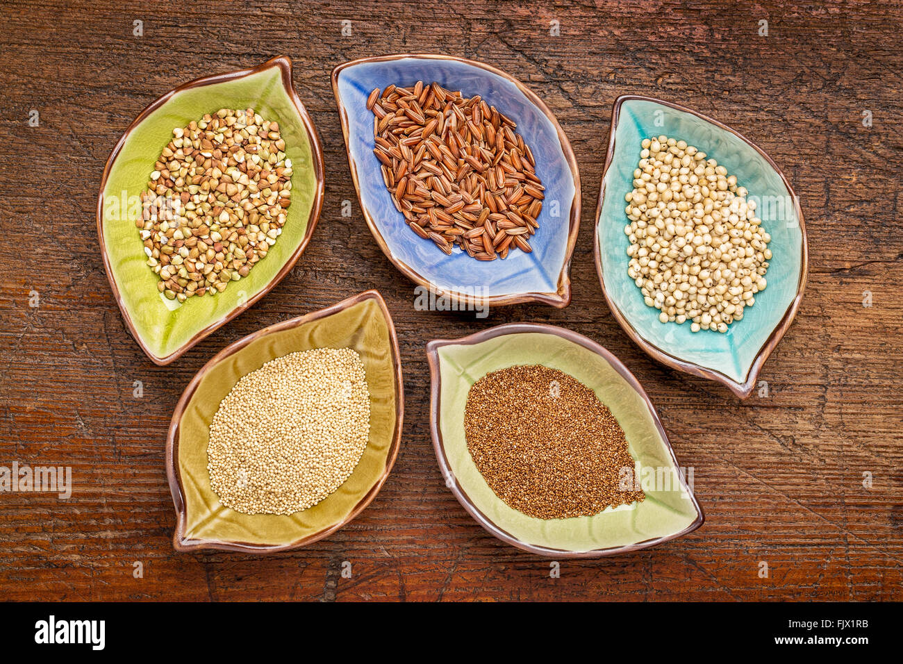 a set of five gluten free grains (sorghum, teff, amaranth,brown rice ...