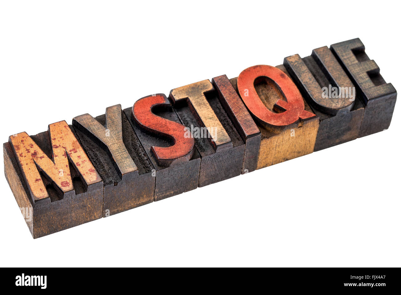 mystique word abstract - an isolated banner in vintage letterpress wood ...