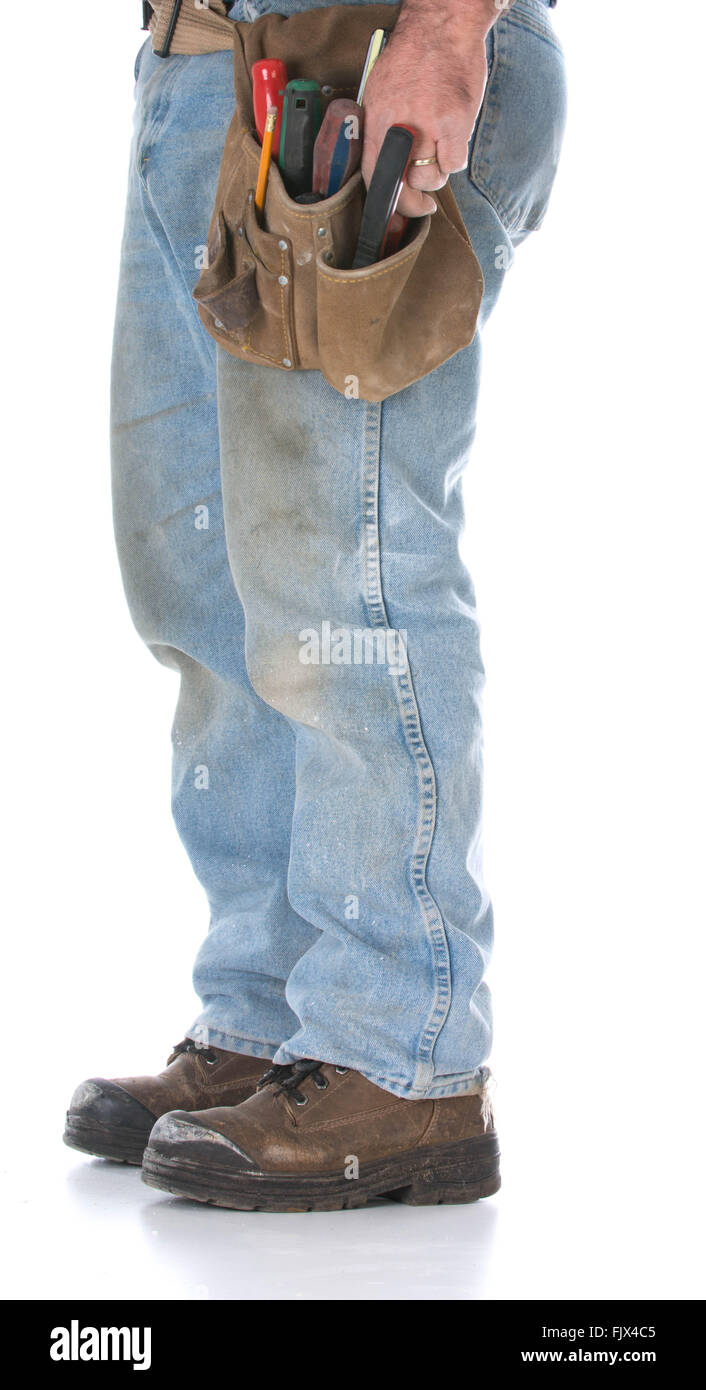 man wearing tool belt isolated on white background Stock Photo - Alamy