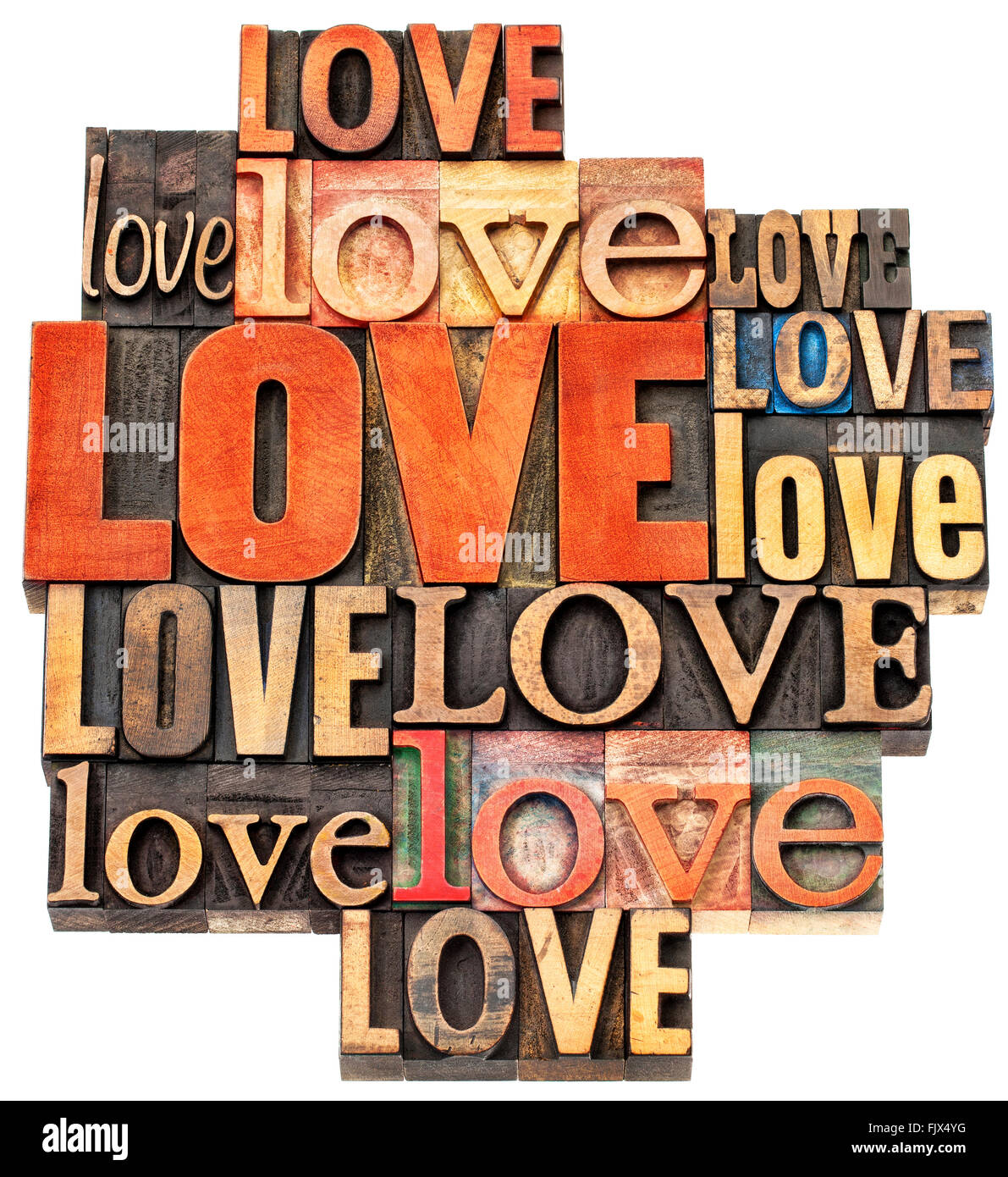 love word abstract - an isolated collage of text in vintage letterpress ...
