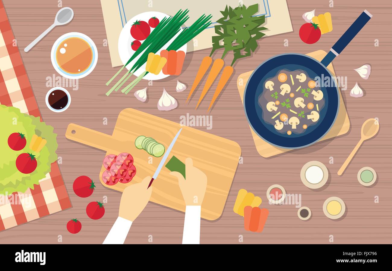 Hand Chopping Vegetables, Cooking Table Kitchen Healthy Food Top Angle ...