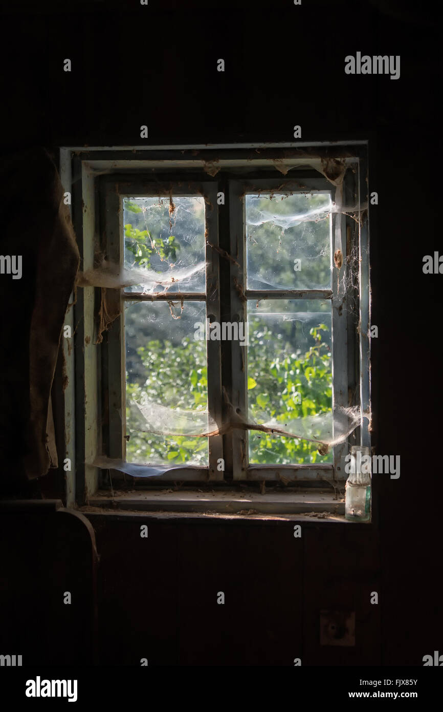 Old window on the soil of the old house with the net Stock Photo - Alamy