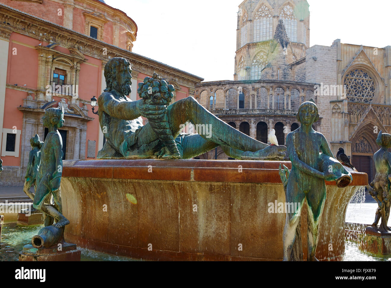 Valencia Plaza de la Virgen square and Neptune fountain statue in Spain ...