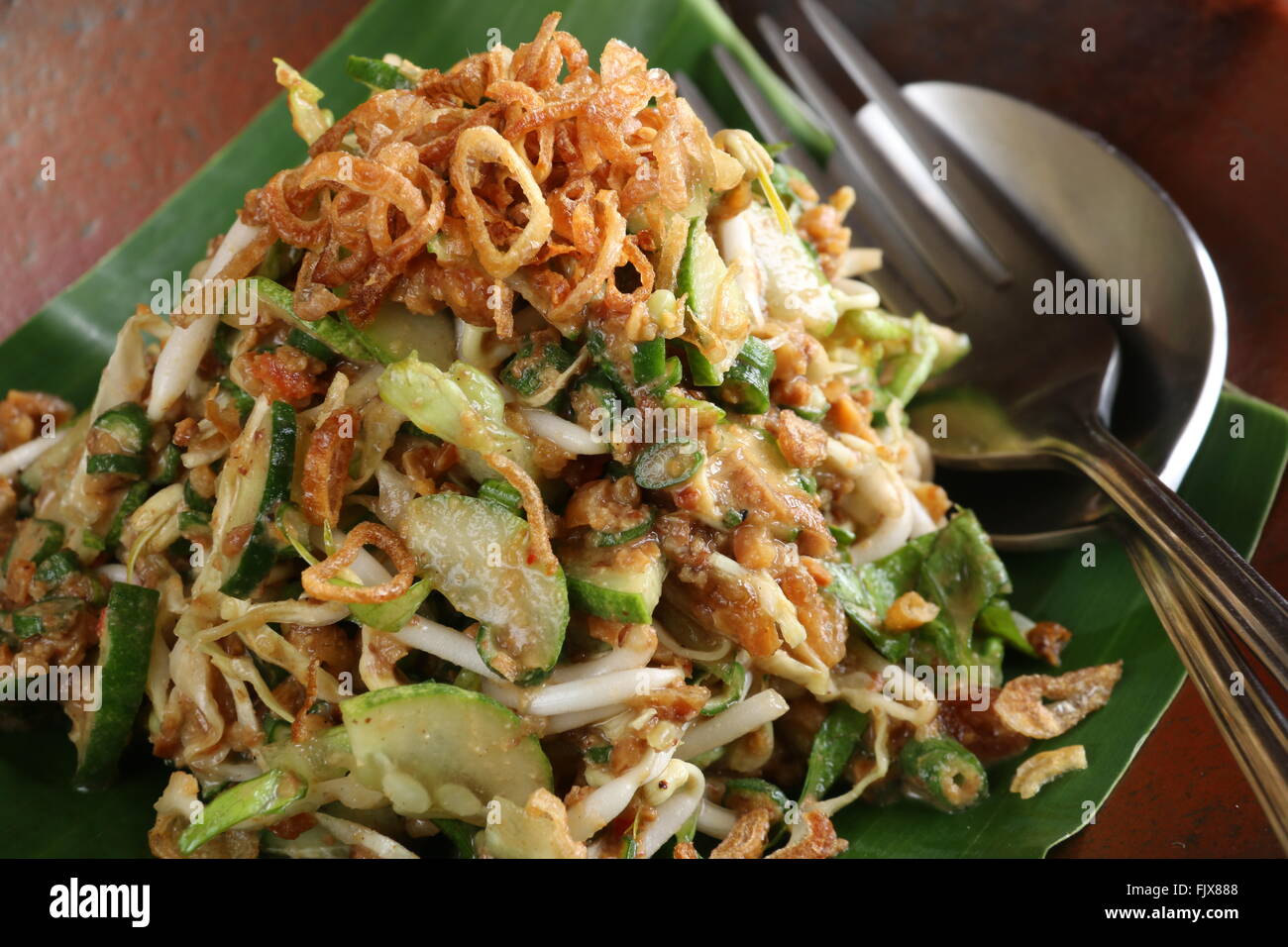 Karedok, Sundanese raw vegetarian salad with peanut dressing. Plated on ...