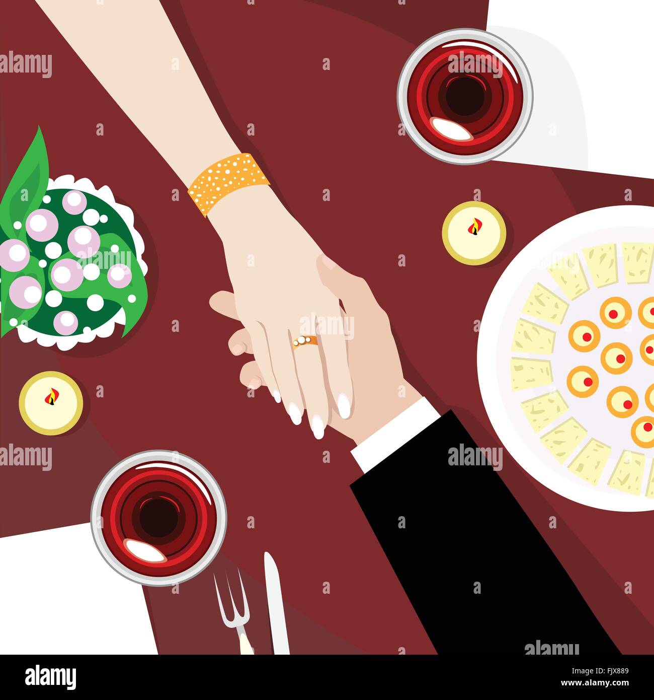 Couple In Restaurant Holding Hands, Table Top Angle View Stock Vector ...