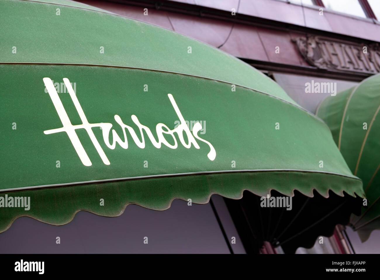 Advertising canopy over the entrance of the famous Harrods department ...