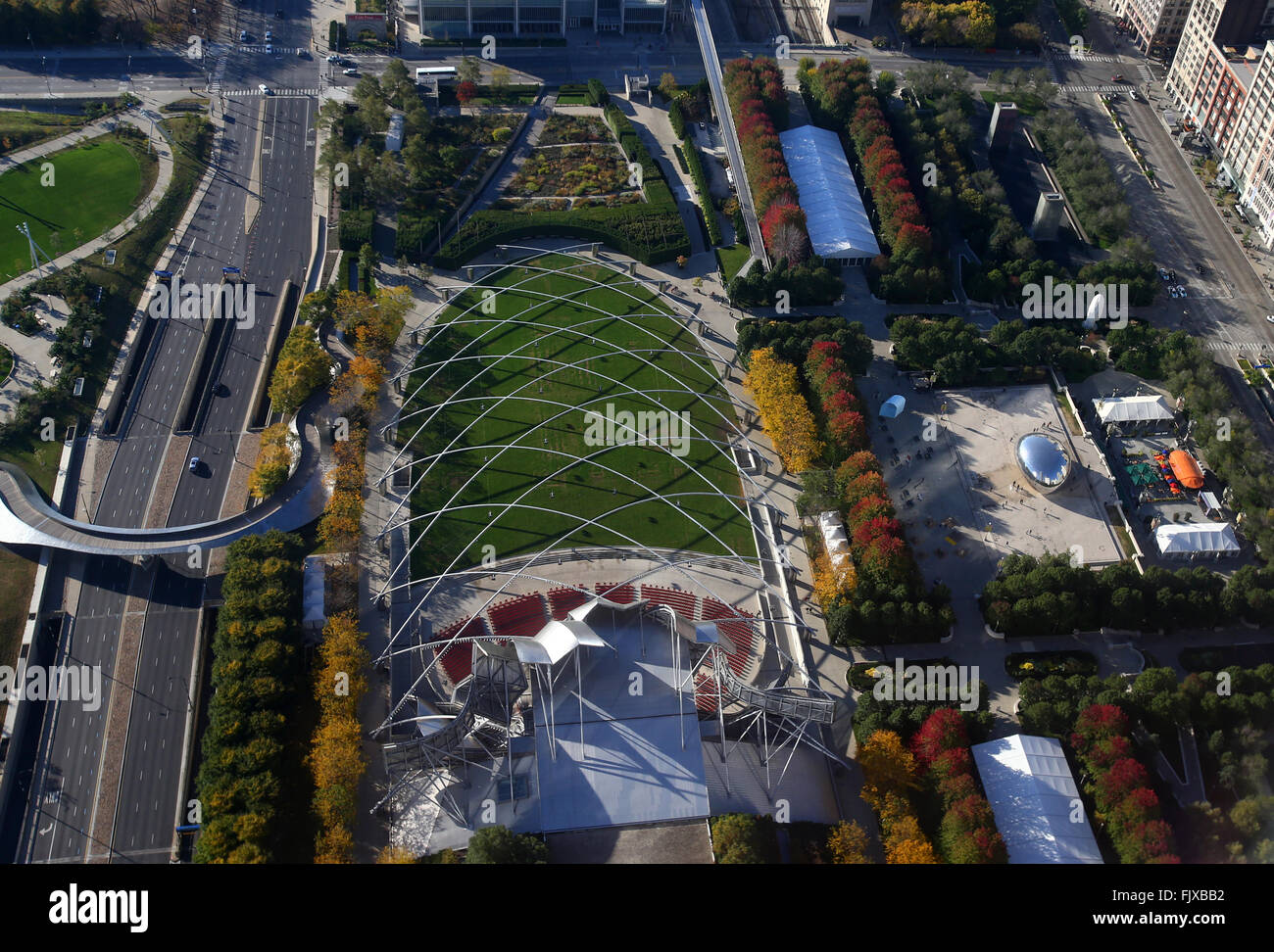 An overhead aerial view of Millennium Park including the BP Bridge ...