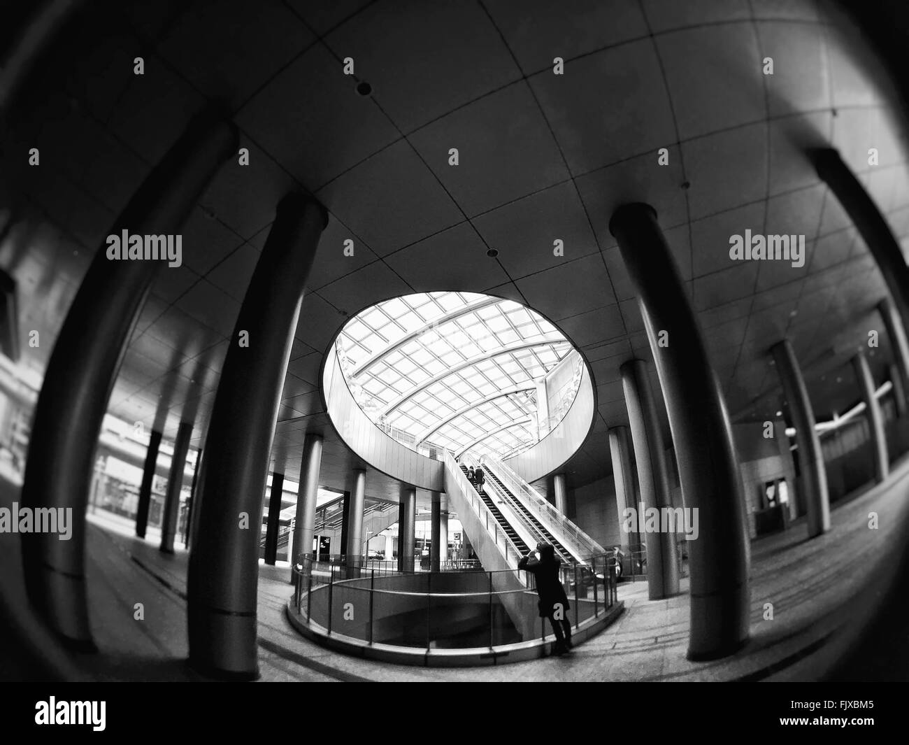 Rear View Of Woman Standing Below Skylight In Building Stock Photo - Alamy
