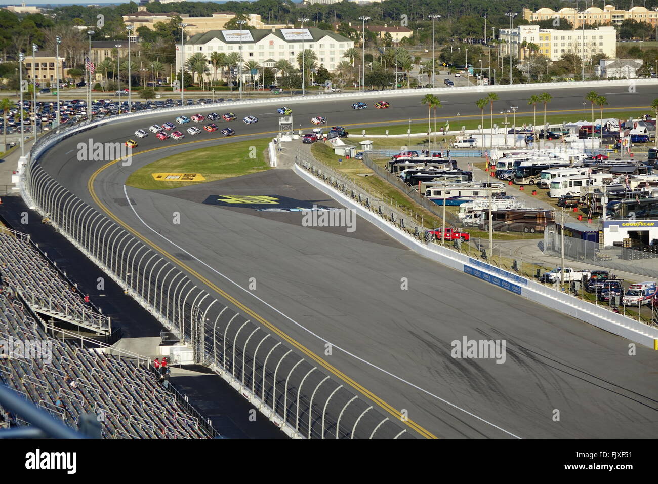 Race cars taking a practice run at Daytona International Speedway Stock ...