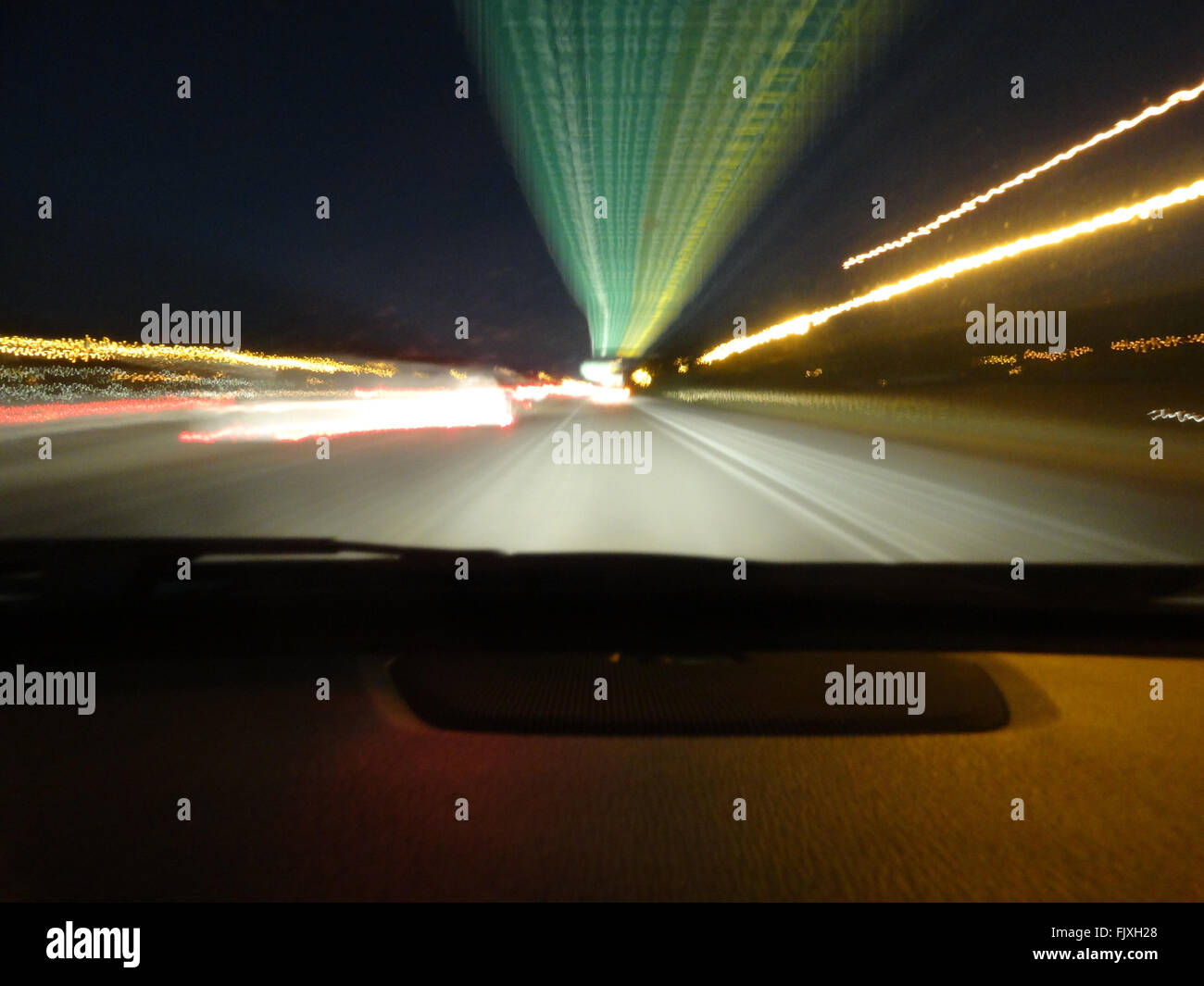 San Jose highway, California, USA, night view with beautiful beams of ...