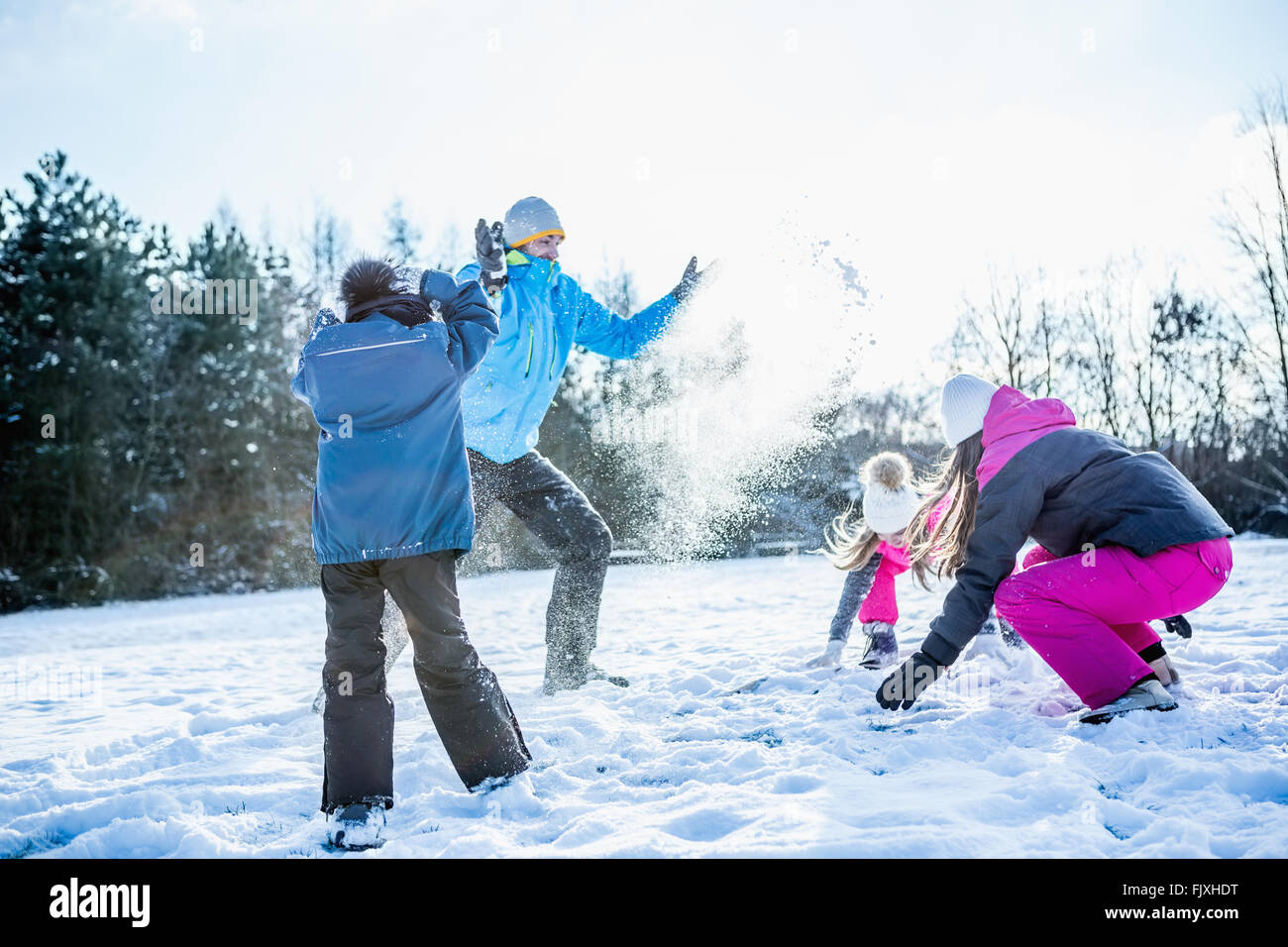 Family playing snowball fight Stock Photo - Alamy