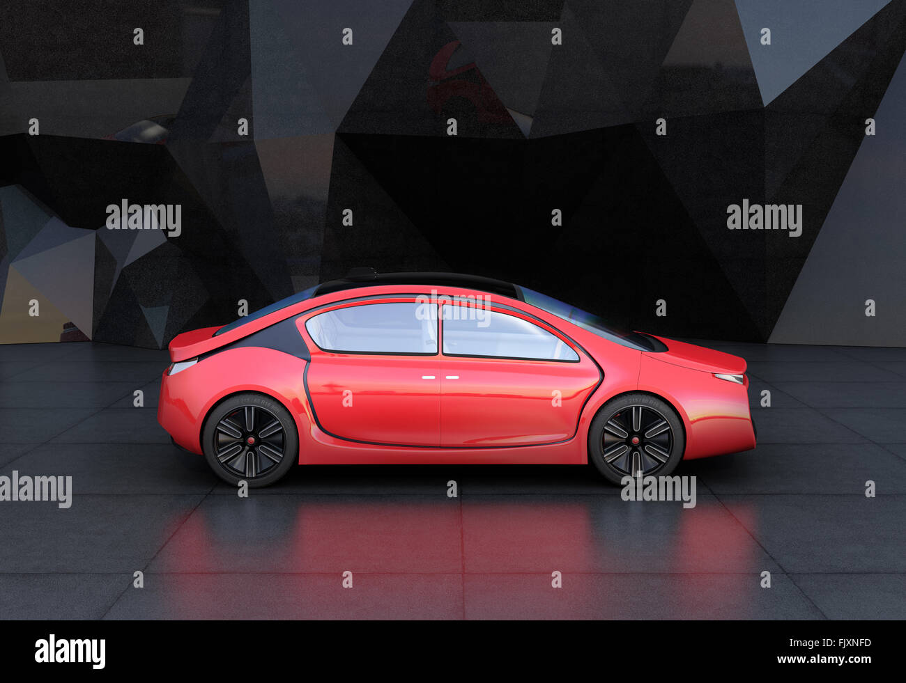 Side view of red autonomous car in front of geometric object background ...