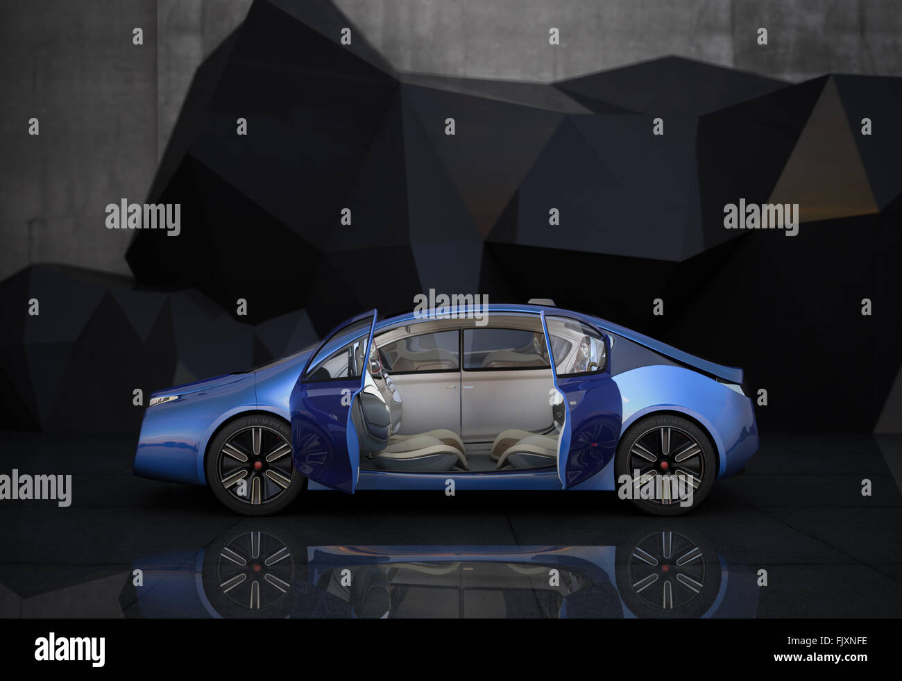 Side view of blue autonomous car in front of geometric object ...