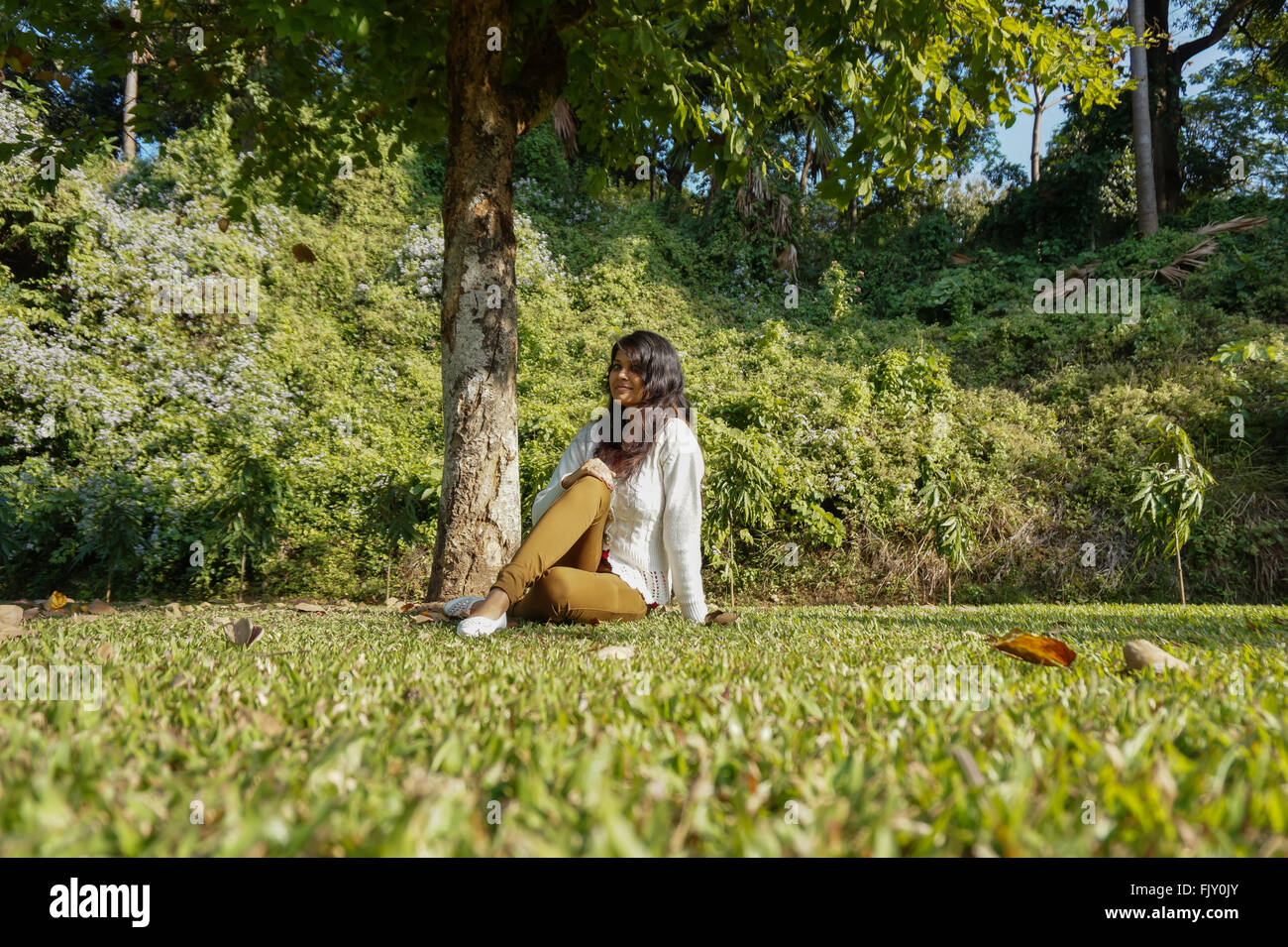 Woman Sitting Against Tree Trunk High Resolution Stock Photography and ...