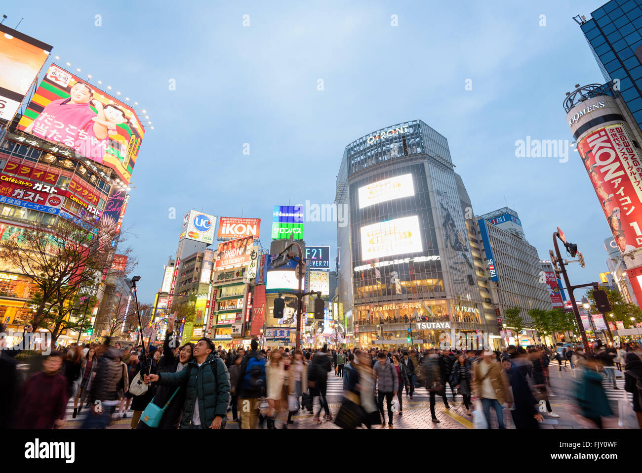 Tokyo, Japan - January 6, 2016: Evening rush hour at the famous Shibuya ...