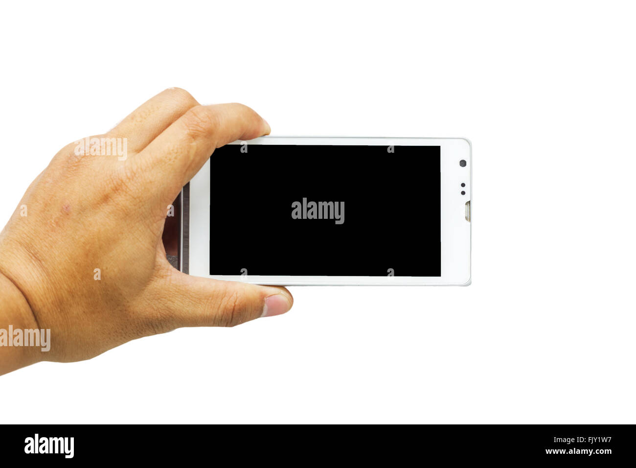 hand holding blank smart phone isolated on white background Stock Photo ...