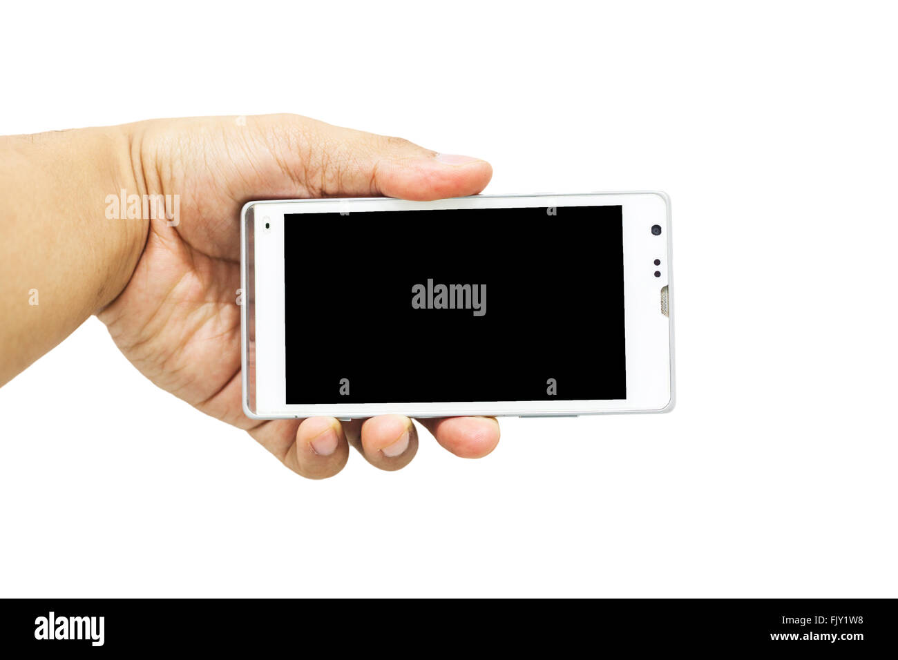 hand holding blank smart phone isolated on white background Stock Photo ...