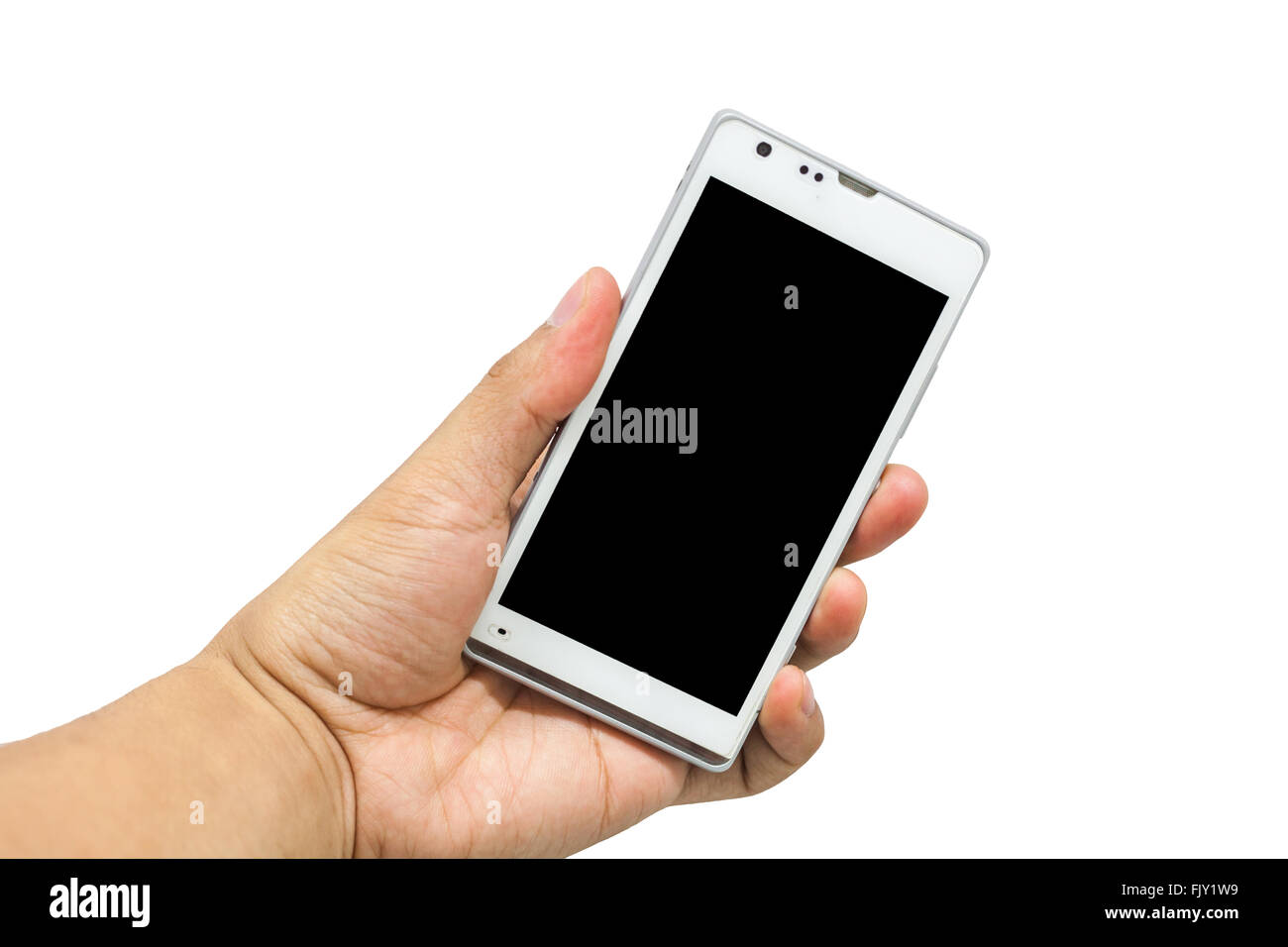 hand holding blank smart phone isolated on white background Stock Photo ...