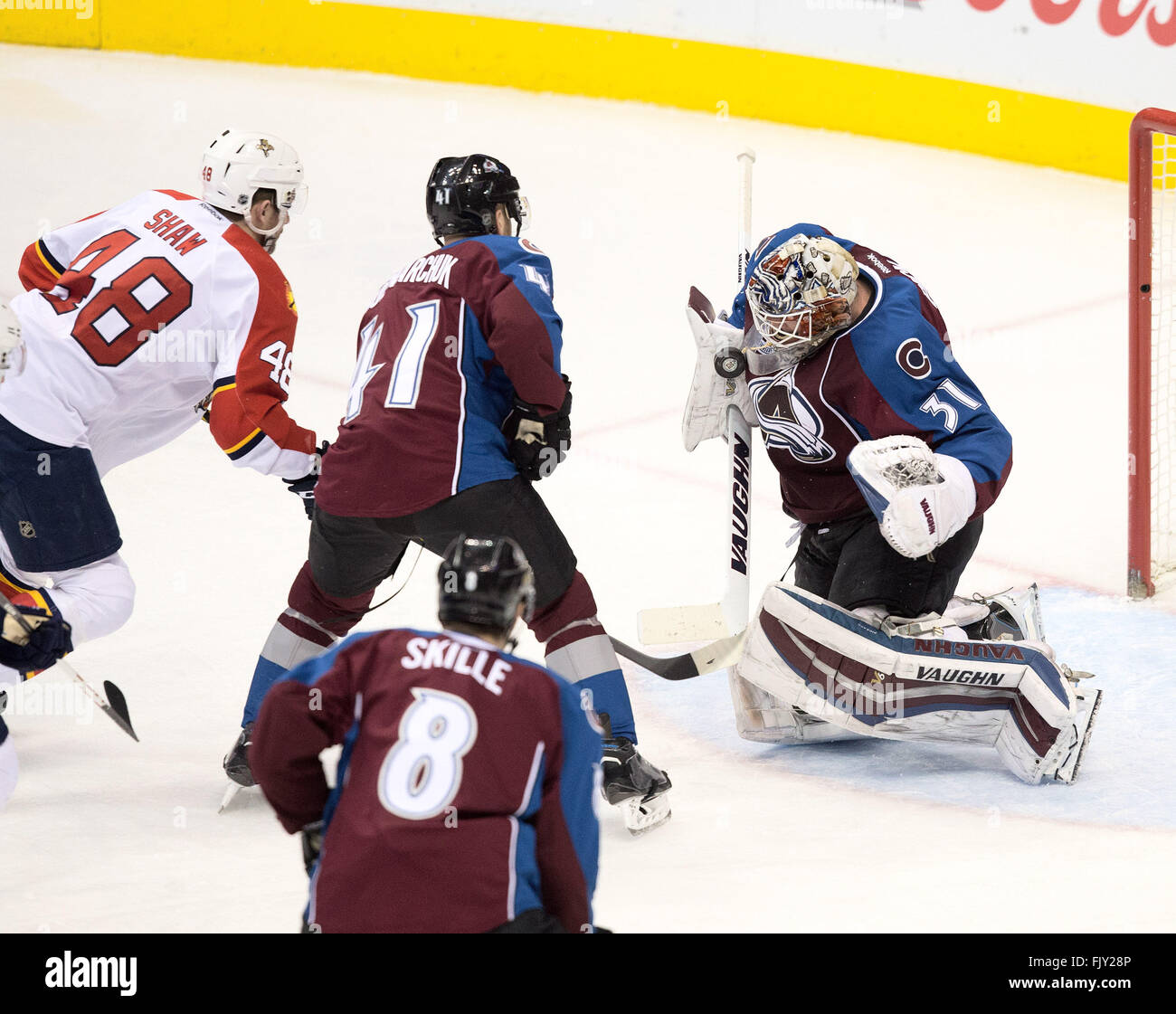 Denver, Colorado, USA. 3rd Mar, 2016. Avalanche G CALVIN PICKARD, right ...