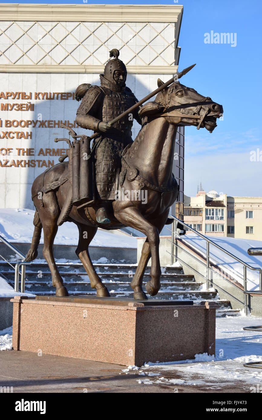 Statue featuring a historical Kazakh warrior, in the street of Astana ...