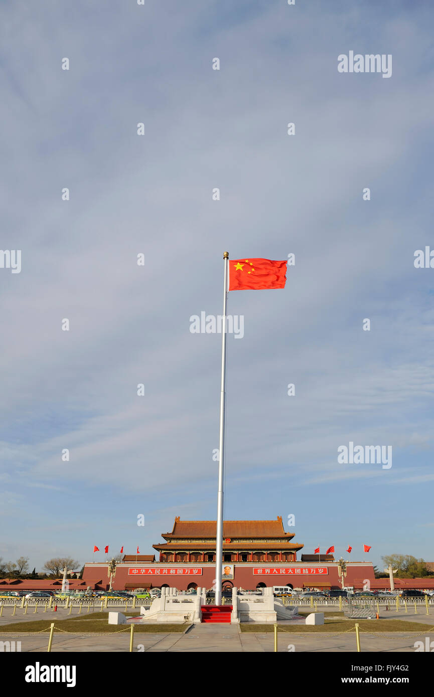 A Chinese red flag wave over the square of heavenly peace in the city ...