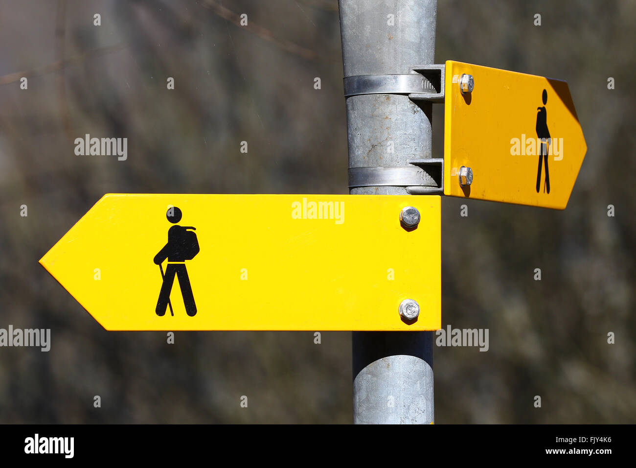Blank yellow direction signs on metal pole for pedestrian trails Stock ...