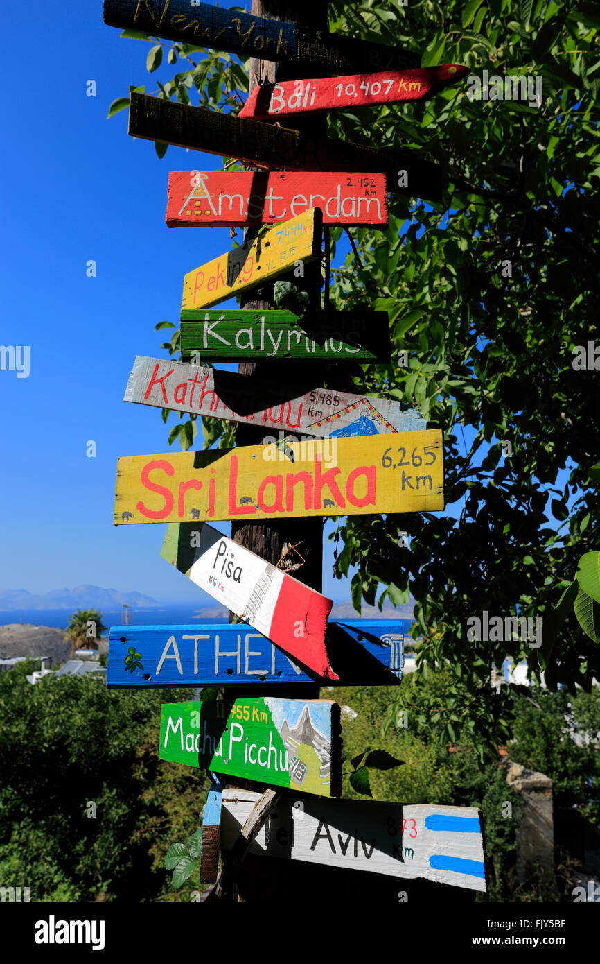 Cafe signs, Zia village, Kos Island, Dodecanese group of islands, South ...