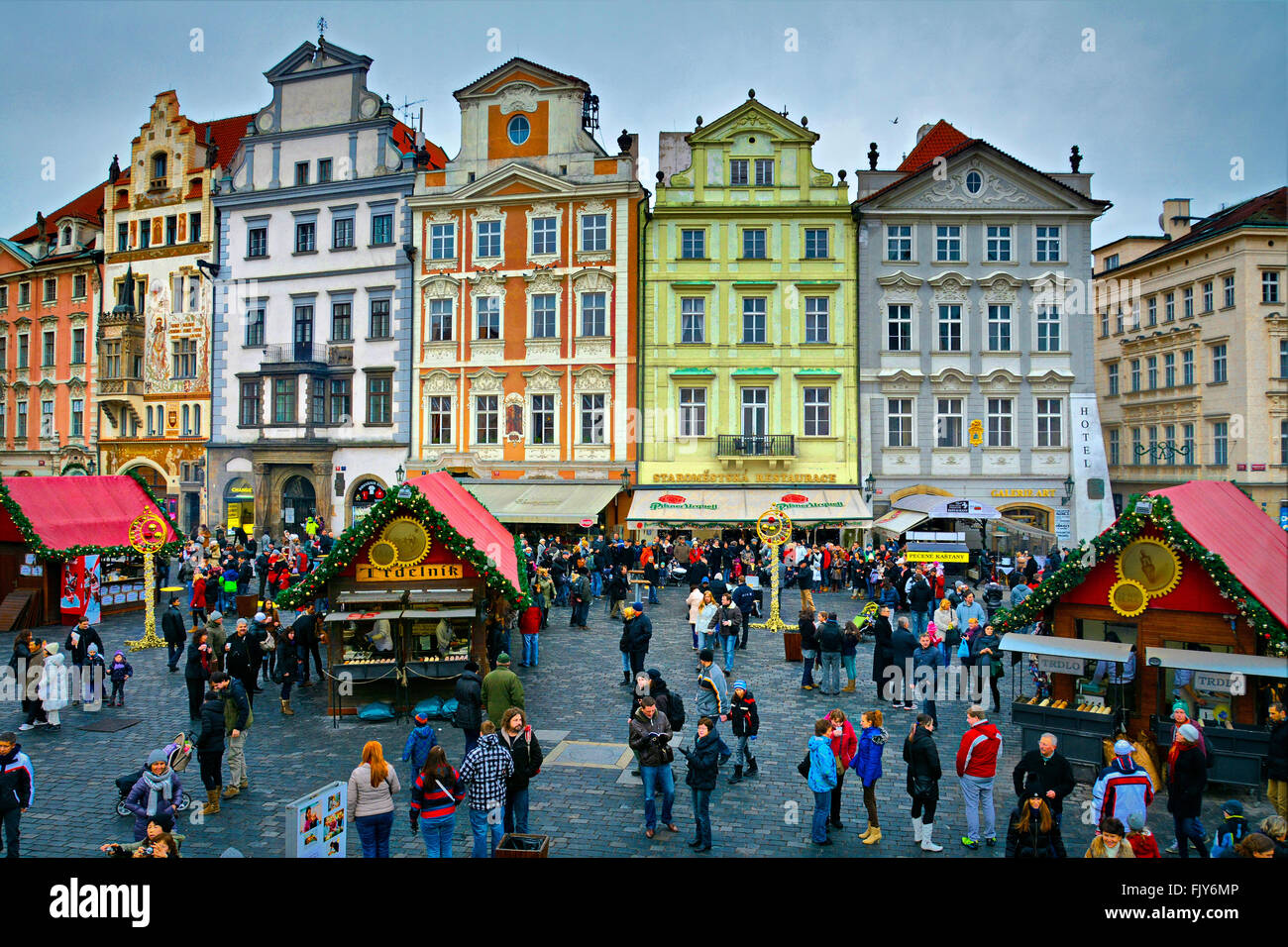 Prague at Christmas - the Old Town Square with stalls and brightly ...