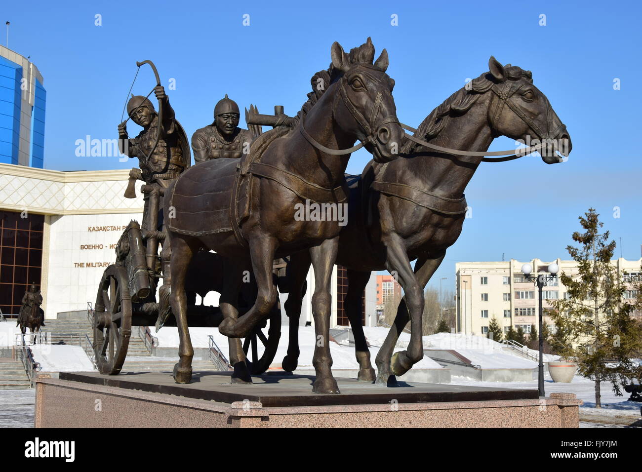 Statue featuring a historical Kazakh warrior, in the street of Astana ...