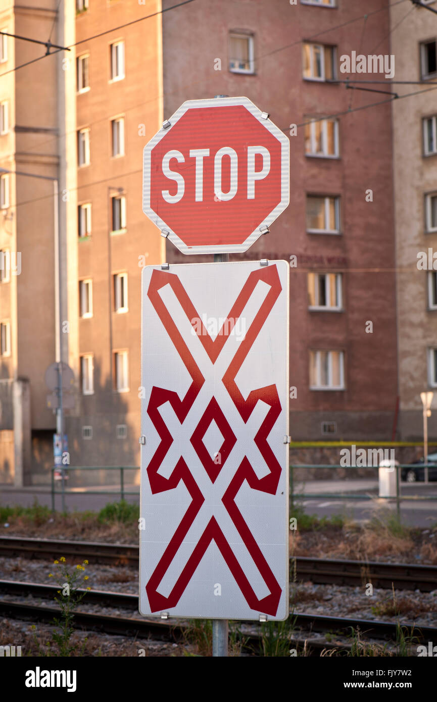 Railway crossing "Stop" sign, Vienna, Austria Stock Photo - Alamy