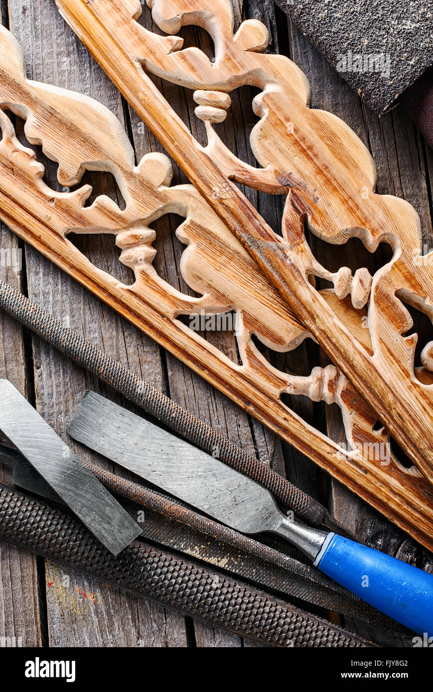 Tools for handicraft processing, wood products.Top view Stock Photo - Alamy
