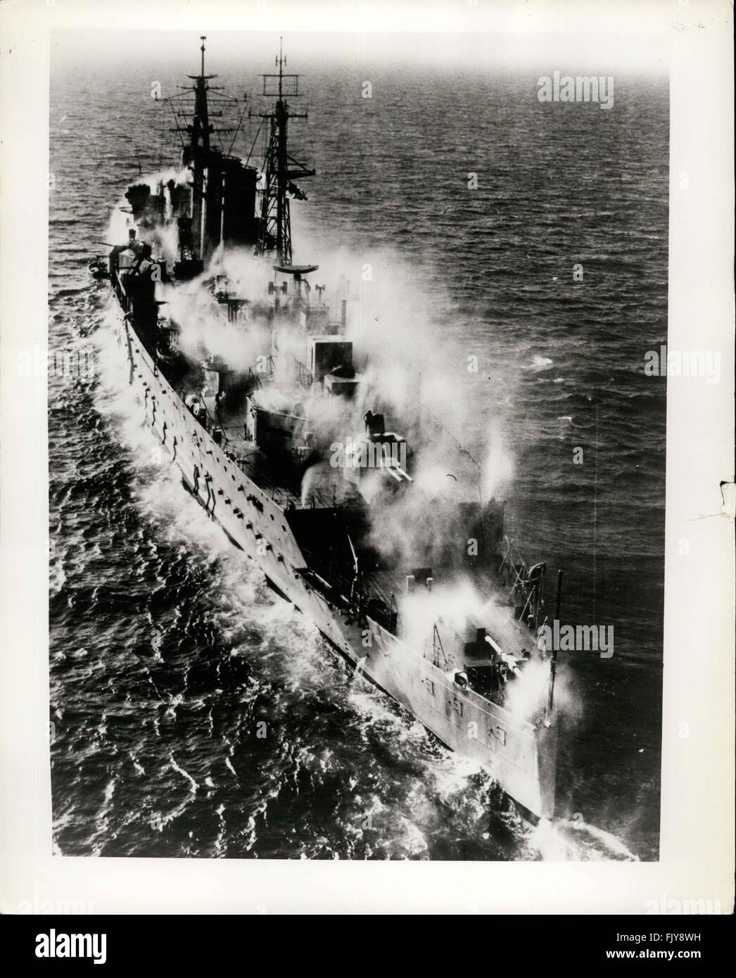 1952 - Atom-sprayed warship: A-bomb fall-out was represented by a small ...