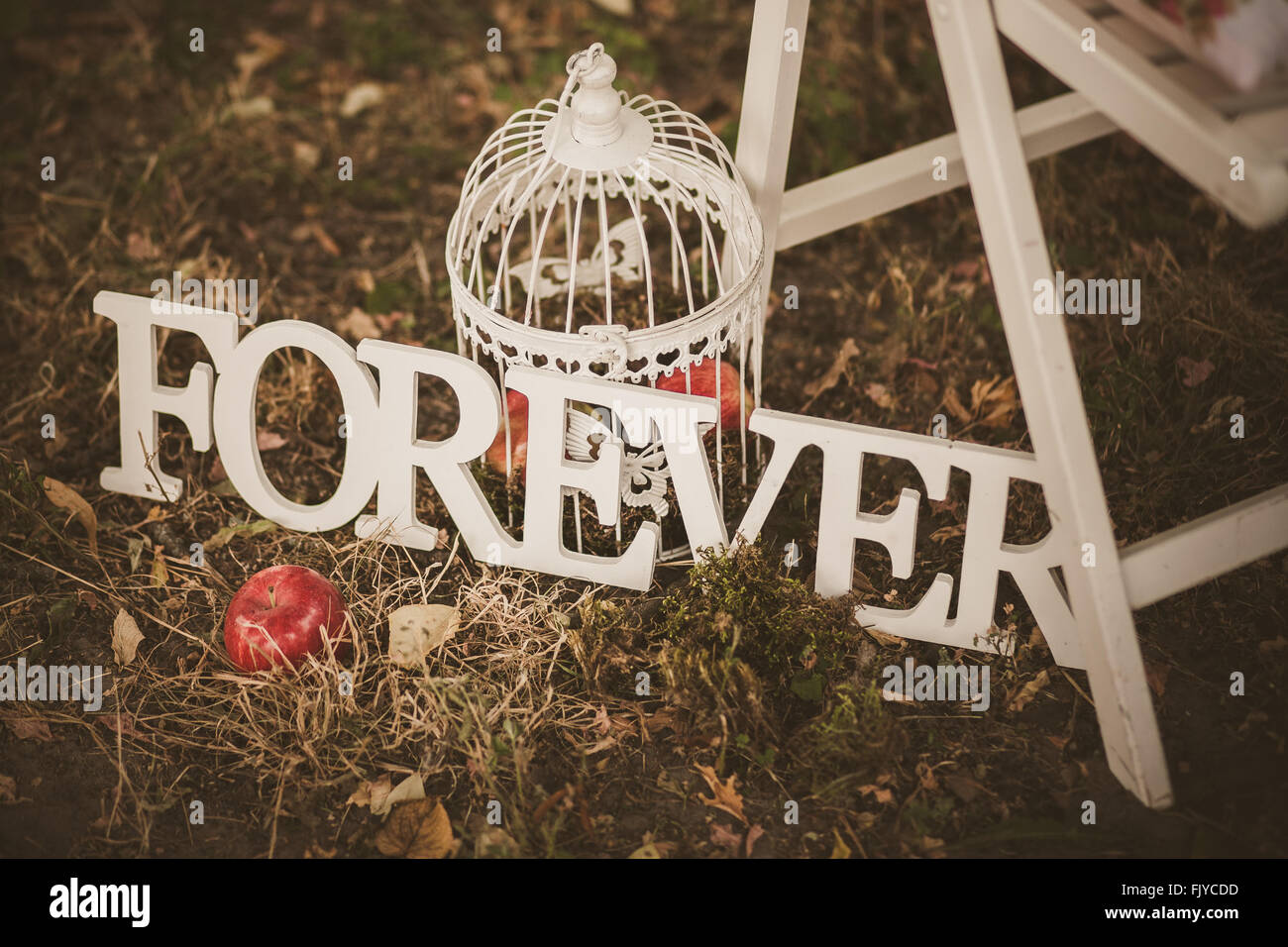 Forever - wooden inscription for wedding. Wedding decor. Image toned in ...