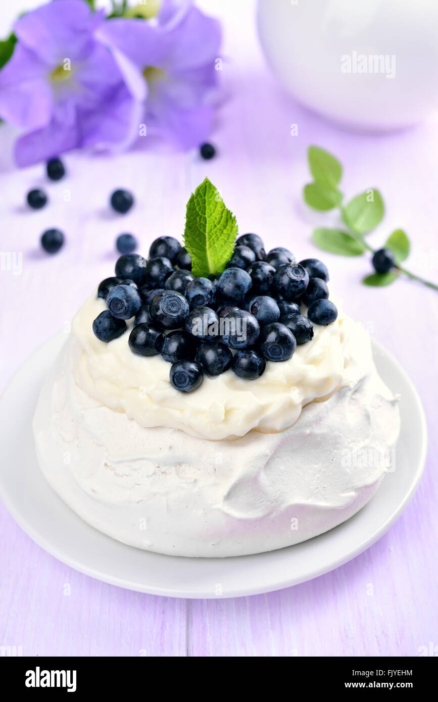 Meringue cake Pavlova with fresh blueberries and whipped cream Stock ...
