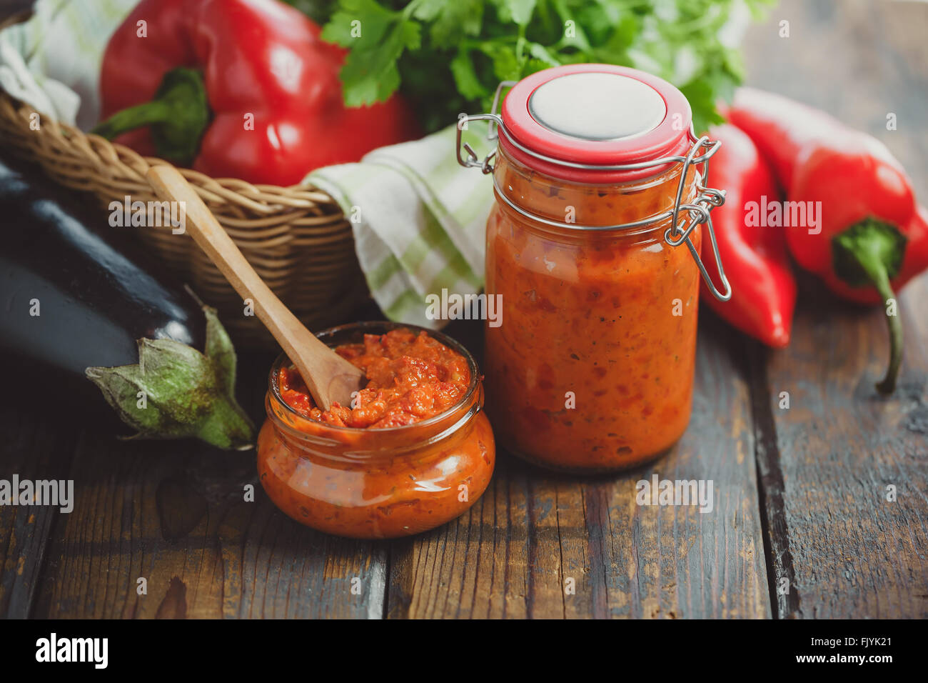 Jar of homemade ajvar, a delicious roasted red pepper and eggplant dish ...