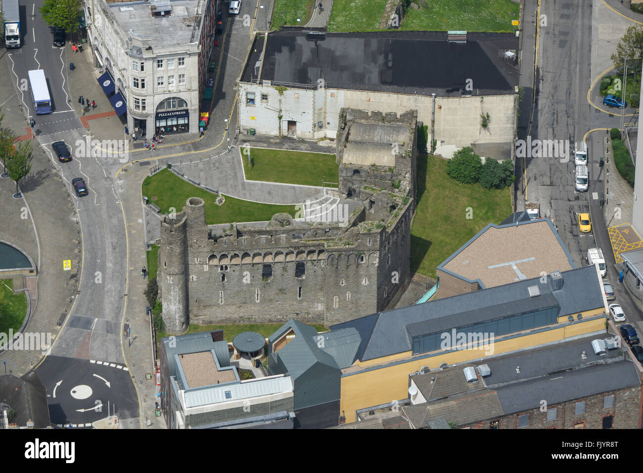 An aerial view of the remains of Swansea Castle and Castle Square Stock ...
