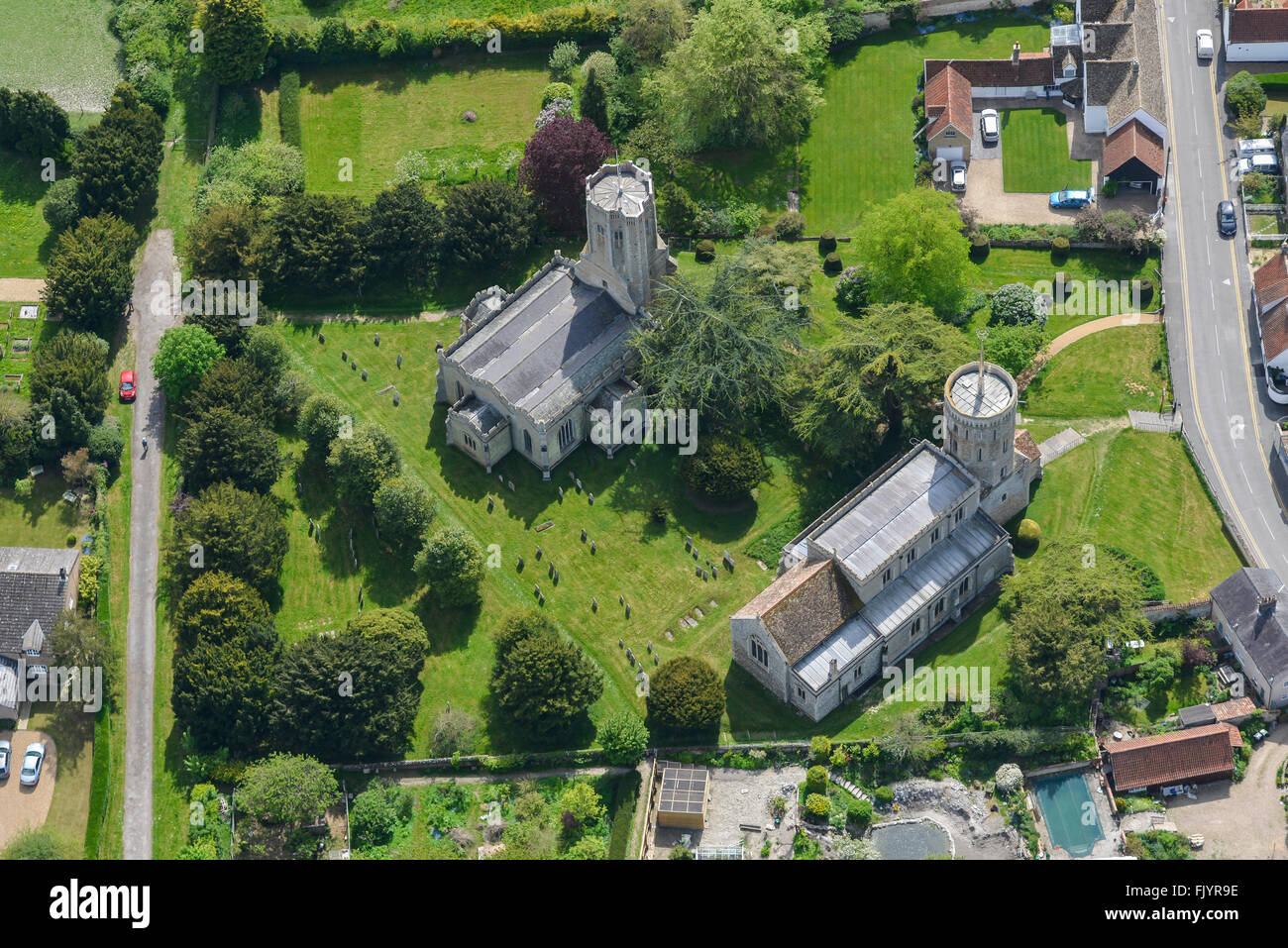 An aerial view of the twin churches in Swaffham Prior, Cambridgeshire ...
