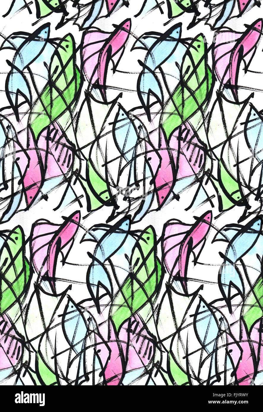 Seamless abstract fish background pattern. Based on hand drawing ...