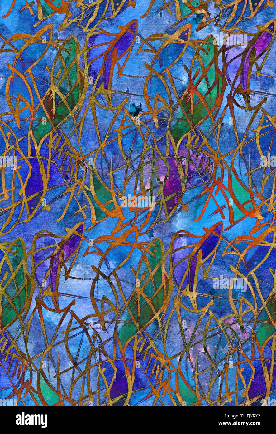 Seamless abstract fish background pattern. Based on hand drawing ...