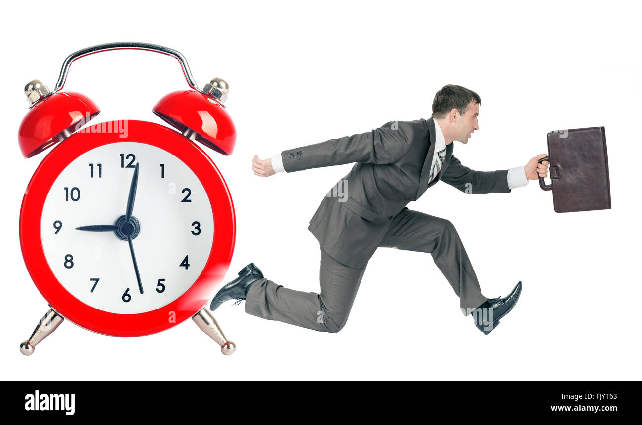 Businessman runaway from alarm clock Stock Photo - Alamy
