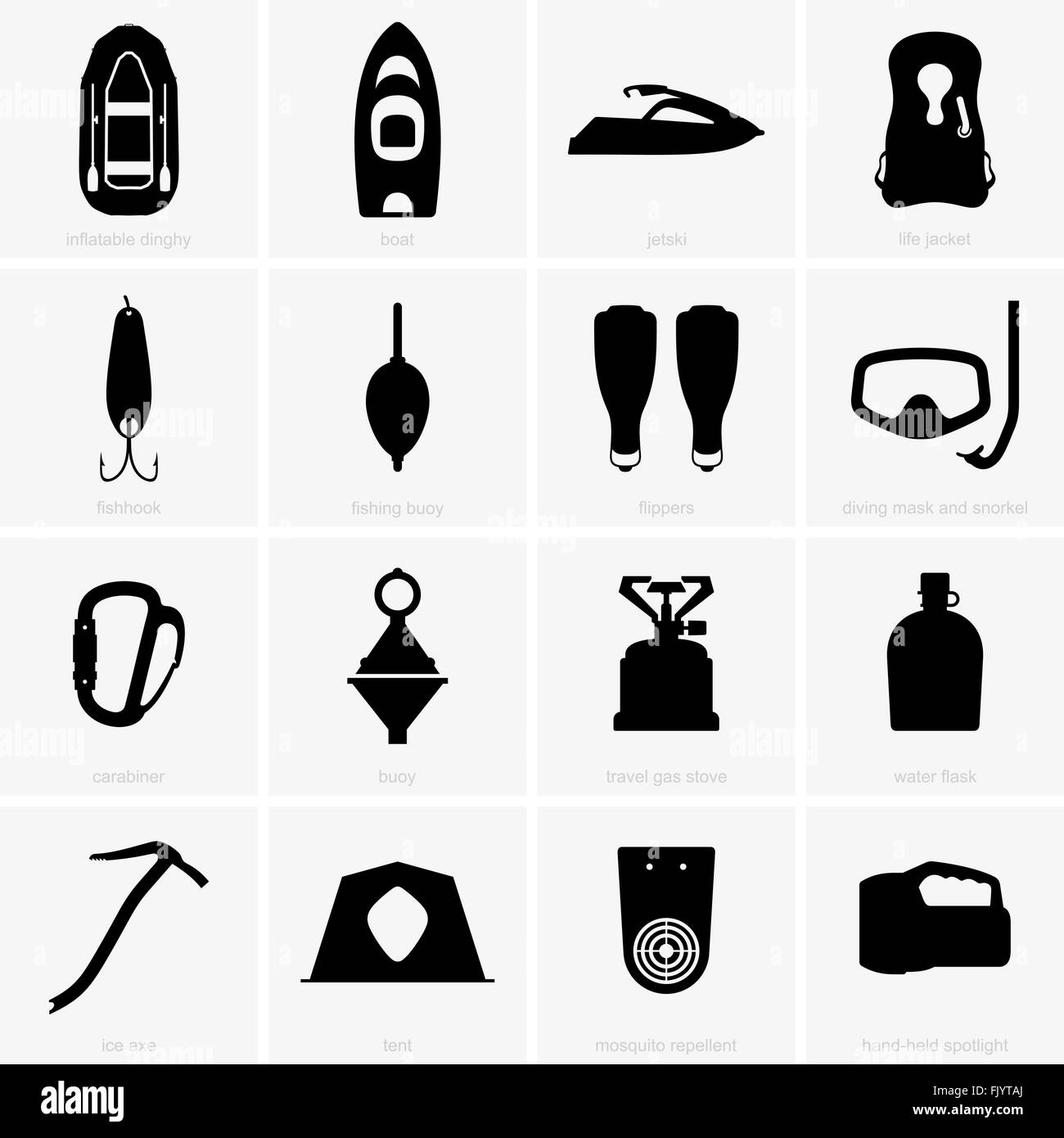 Camping set icons in Black and White Stock Photos & Images - Alamy