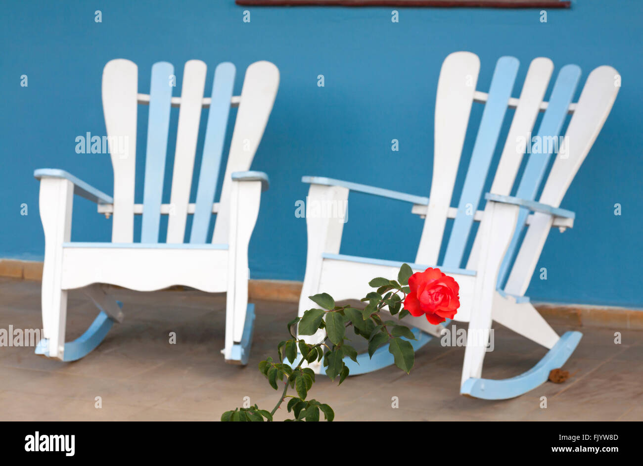 Rose growing in front with blue and white traditional rocking chairs on ...