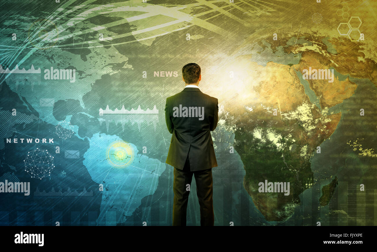 Businessman in front of world map Stock Photo - Alamy
